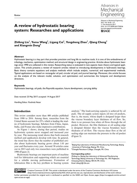 PDF A Review Of Hydrostatic Bearing System Researches And Applications
