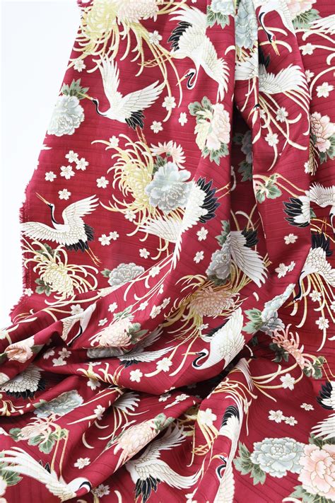 Japanese Tsuru Fabric Floral Pattern Red Background Diy District