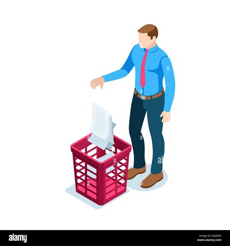 Isometric Business Man Throwing Papers Into The Trash Bin In Color On