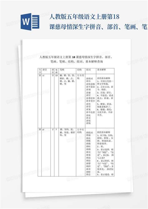 人教版五年级语文上册第18课慈母情深生字拼音部首笔画笔顺结构 Word模板下载 编号qdygbjkj 熊猫办公