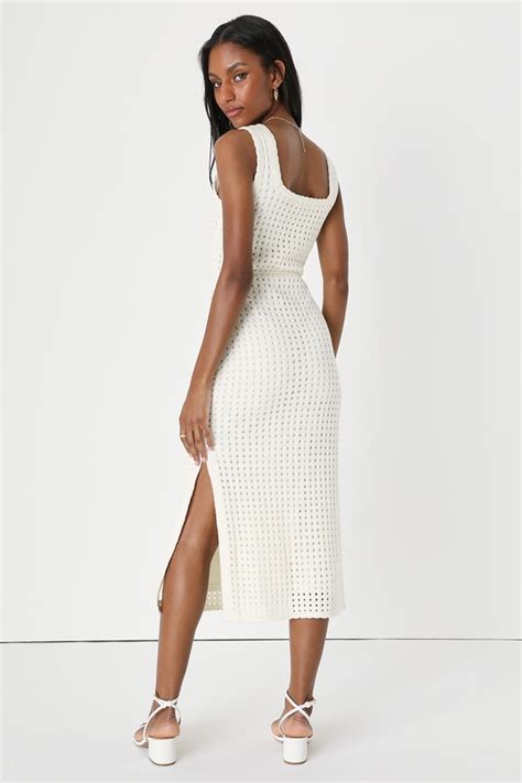Ivory Midi Dress Pierced Knit Dress Midi Sweater Dress Lulus