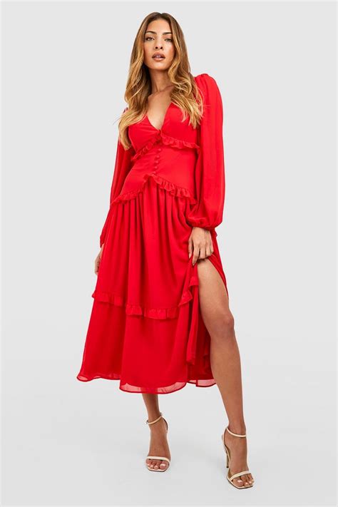 Ruffle Waist Detail Midi Dress Boohoo Usa