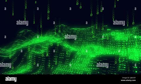 Image Of Green Binary Coding Data Processing Over Waving On Black