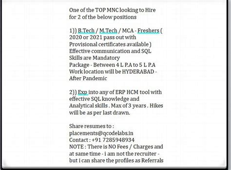 Manjunath Reddy Ponnapati On Linkedin Openings For Btech Mtech Mca Freshers 2020 Or