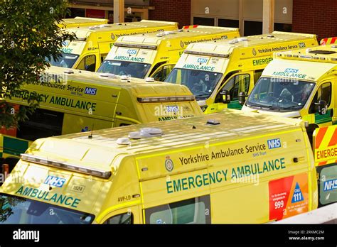 Nhs Ambulances Parked Outside The Accident And Emergency Department At