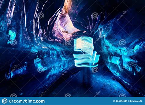 Landscape Of Amazing Glacial Ice Cave With Blue Light Stock Image