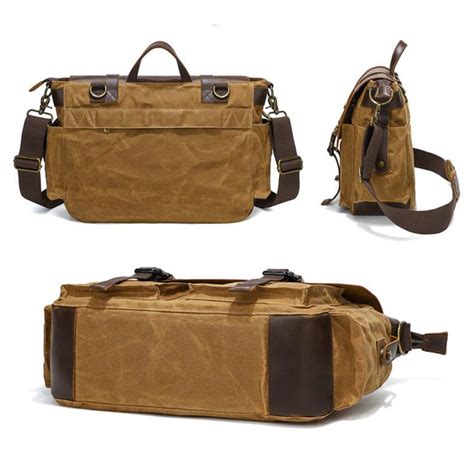 Two Different Views Of The Back And Side Of A Brown Canvas Messenger