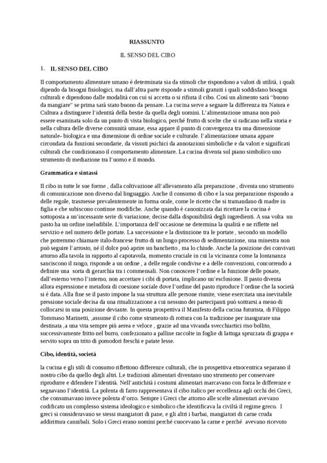 Riassunto Il Senso Del Cibo Sintesi Del Corso Di Antropologia