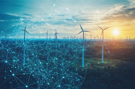 Wind Turbine Farm With Network Connections Premium Ai Generated Image