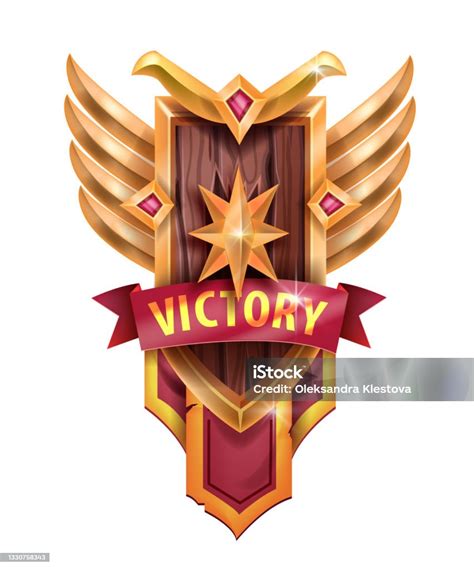 승리 게임 배지 아이콘 Ui 업적 트로피 방패 황금 별 날개 흰색에 빨간 리본 1위에 대한 스톡 벡터 아트 및 기타 이미지 1위 3차원 형태 Championship