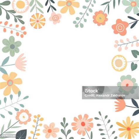 파스텔 꽃과 나뭇잎이 있는 만화 여름 사각형 테두리 프레임 0명에 대한 스톡 벡터 아트 및 기타 이미지 0명 개화기 계절 Istock