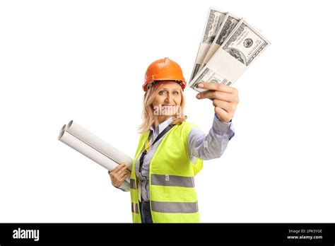 Female Engineer With A Safety Vest And Hardhat Holding Blueprints And