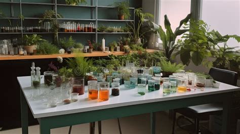 A Lab Table Set Up With Different Plants For Botanical St Three Created With Generative Ai Stock
