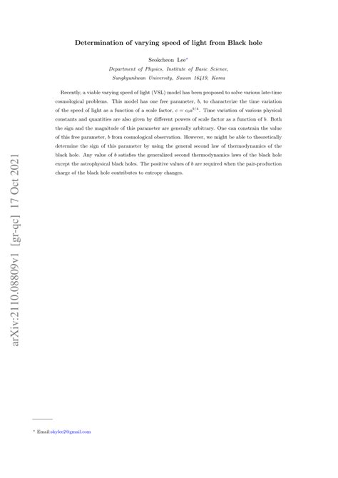 Pdf Determination Of Varying Speed Of Light From Black Hole