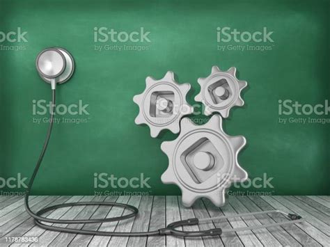 칠판 배경에 기어가 있는 청진기 3d 렌더링 모션에 대한 스톡 사진 및 기타 이미지 모션 청진기 3차원 형태 Istock