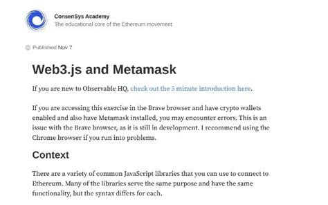 web3 js and metamask consensys academy observable