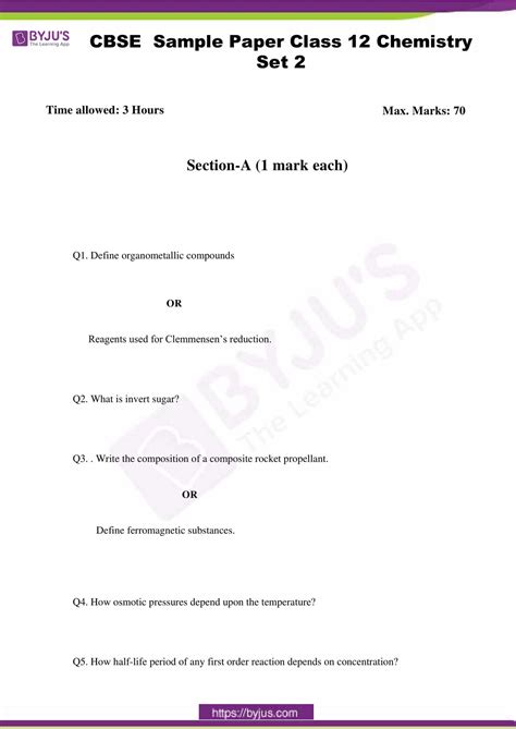 Cbse Class 12 Chemistry Sample Paper Set 2 Download Now