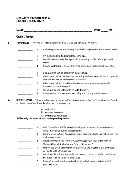 Mil Summative 1 Q4 Mil Summative Test 1 Media Information Literacy Quarter 4 Summative 1