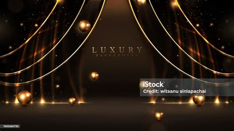 황금빛 조명 효과 장식과 볼 요소가 있는 보케가 있는 우아하고 어두운 무대 장면 블랙 럭셔리 배경 디자인 개념입니다 3차원 형태에 대한 스톡 벡터 아트 및 기타 이미지