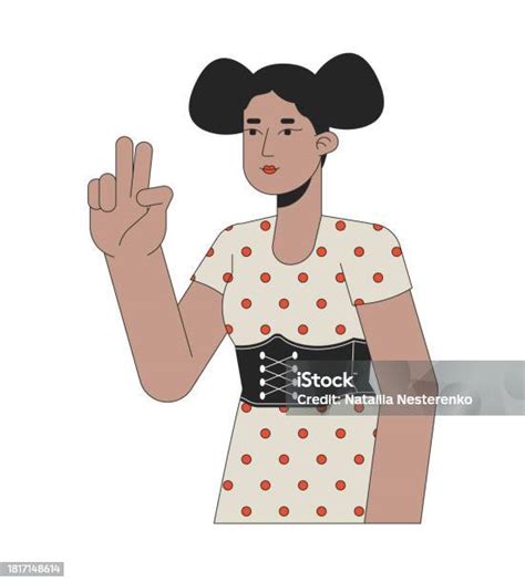 African American Peace Sign Girl 2d Linear Cartoon Character Stock
