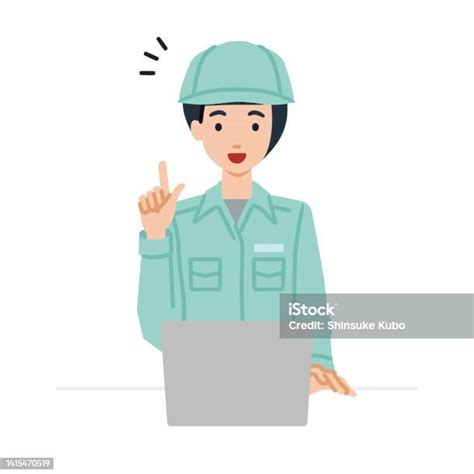 그녀의 책상에서 손 짓을 가리키는 아이디어를 받고 노트북 컴퓨터를 사용하는 블루 칼라 노동자 여성 가리키기에 대한 스톡 벡터