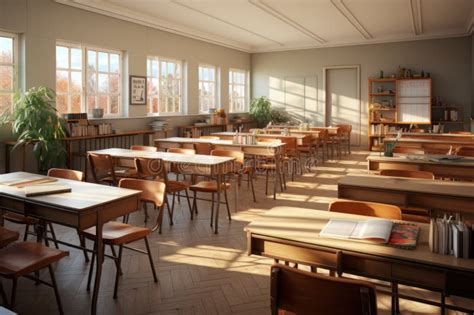 Empty Class Room With Windows And Desks In The Style Of Sun Rays Shine