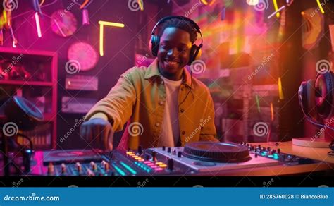 Candid An Excited Dj Young African Man Mixing Music At Turntables With