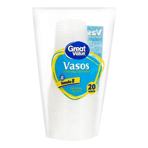 Vasos desechables Great Value de plástico capacidad 255 ml 20 pzas