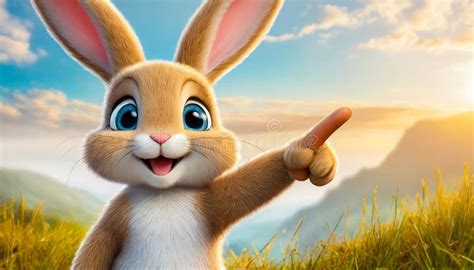 cute cartoon bunny points at an empty space stock illustration