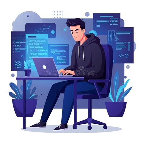 A Young Man In A Black Hoodie Works Intently On A Laptop At A Desk The