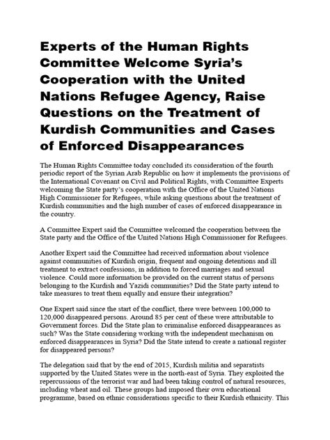 Experts Of The Human Rights Committee Welcome Syria Stressing The Need