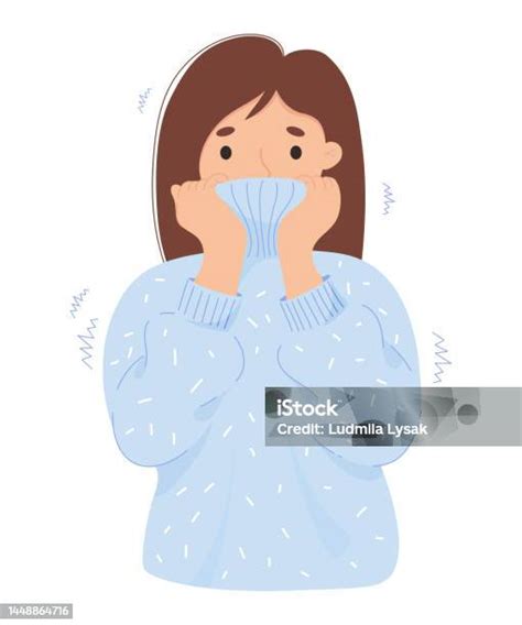 따뜻한 스웨터에 싸여 몸을 떨고 있는 여자 만화 평면 벡터 일러스트 레이 션 온도에 대한 스톡 벡터 아트 및 기타 이미지