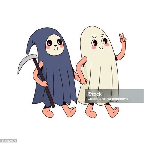 Hantu Berjalan Kartun Retro Lucu Memegang Tangan Mereka Ilustrasi Garis