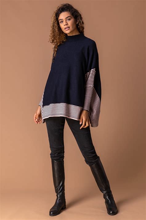 One Size Stripe Knit Poncho Jumper In Navy Roman Originals UK