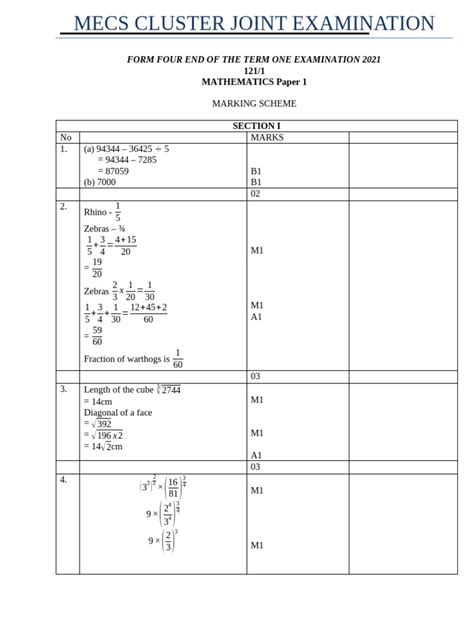 Mathematics Paper 1 Marking Scheme Pdf Mathematics