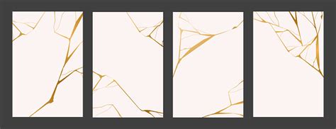 골드 긴츠기 포스터 세트 균열 및 깨진 효과 대리석 질감입니다 포스터 벽 예술 벽지 웨딩 카드 소셜 미디어를위한 고급 디자인 현대 벡터 그림입니다 일본식 킨츠기에 대한 스톡