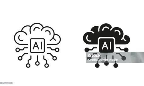 인공 지능 실루엣과 선 아이콘이 설정되었습니다 회로 픽토그램이 있는 인간의 뇌 디지털 기술 개념입니다 테크 사이언스 블랙 심볼 컬렉션 격리된 벡터 그림 Cpu에 대한 스톡