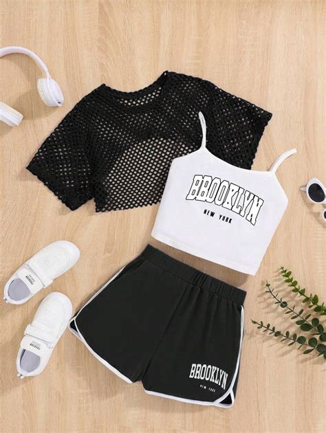 Shein 3pcs Set Teen Girls Camisole Letter Print Tank Top Mesh T Shirt