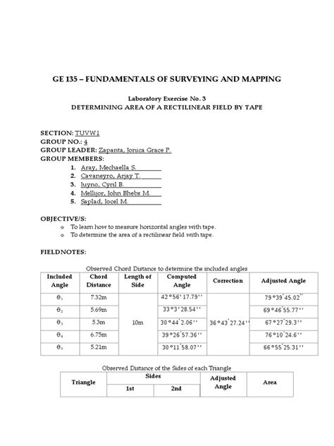 Laboratory Exercise No 3 Determining Area Of A Rectilinear Field By Tape Pdf Sine Area