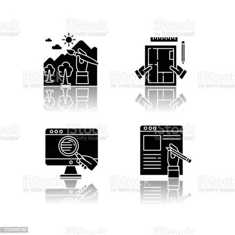 먼 작업 드롭 그림자 검정 색 글리프 아이콘 세트 프리랜서 일러스트레이터 카피라이터 및 인테리어 디자이너 웹 연구 디자인 기사 쓰기 공백에 대한 격리된 벡터 그림 개념에