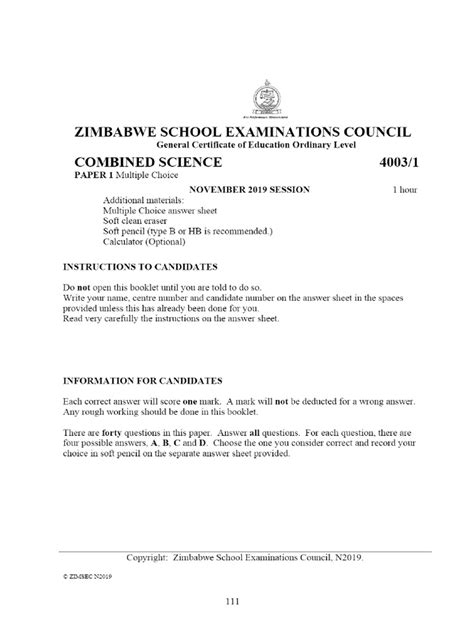 Zimsec O Level Combined Science November 2019 Past Exam Paper 1 Pdf