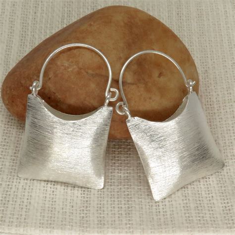 Handmade Brushed Shiny Sterling Silver Hoops Earrings Elegant Medium