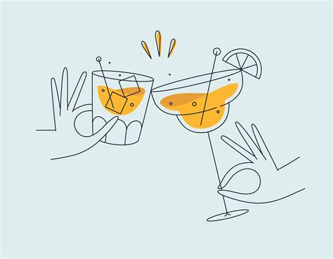 Hand Holding Whiskey And Margarita Cocktails Clinking Glasses Drawing