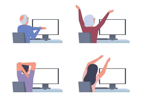 Set Of People Sits At Table Computer Stretching Doing Exercise Back