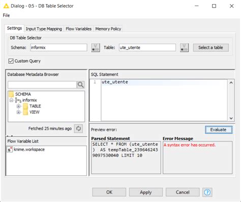 A Syntax Errore Has Occurred In Db Table Selector Knime Analytics
