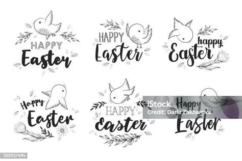 흰색 배경에 고립 된 꽃 잎 귀여운 새와 함께 검은 색과 흰색 손 그린 해피 부활절 글자의 벡터 세트 인사말 카드 초대장 인쇄용 디자인 그리기에 대한 스톡 벡터 아트 및