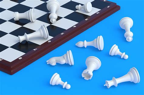 체스 보드에 흩어져있는 하얀 체스 인물 테이블 게임 국제 토너먼트 취미와 여가 3d 렌더링 3차원 형태에 대한 스톡 사진 및