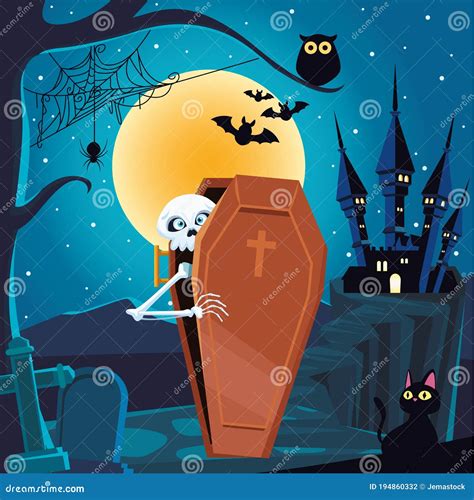 Halloween Skull Cartoon In Coffin At Night Vector Design Stock Vector