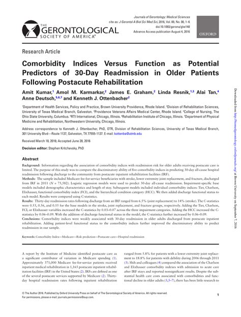 Pdf Comorbidity Indices Versus Function As Potential Predictors Of 30