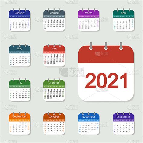 2021年日历一周从周日开始灯光背景上的色彩设计
